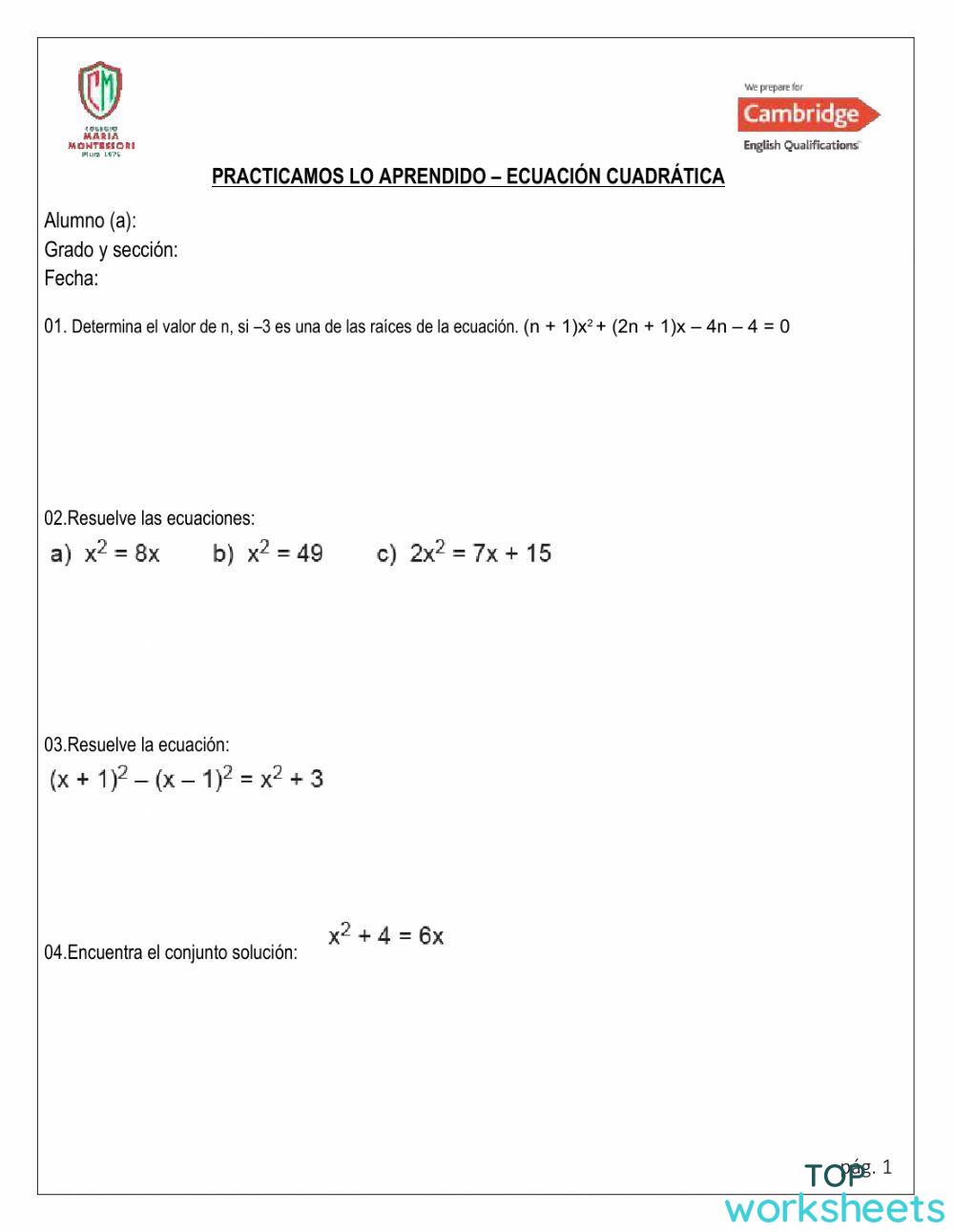 Practicado ecuaciones de segundo grado. Ficha interactiva | TopWorksheets
