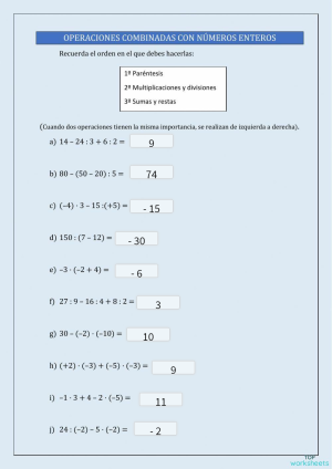 Cálculo: operaciones combinadas con números enteros. Ficha interactiva | TopWorksheets