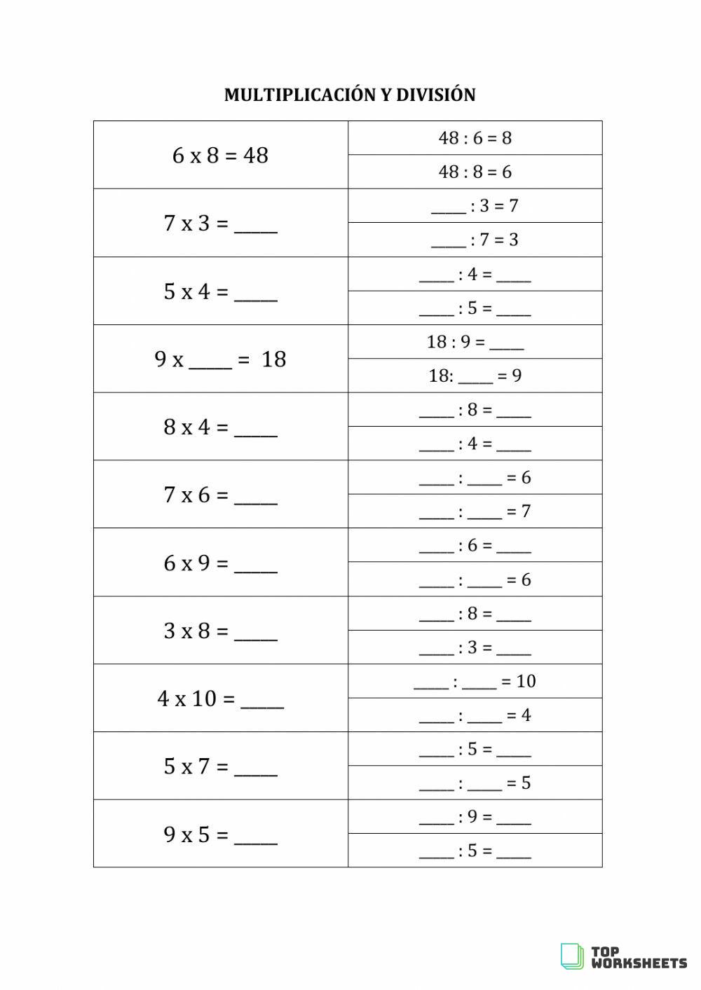 Multiplicación y división . Ficha interactiva | TopWorksheets