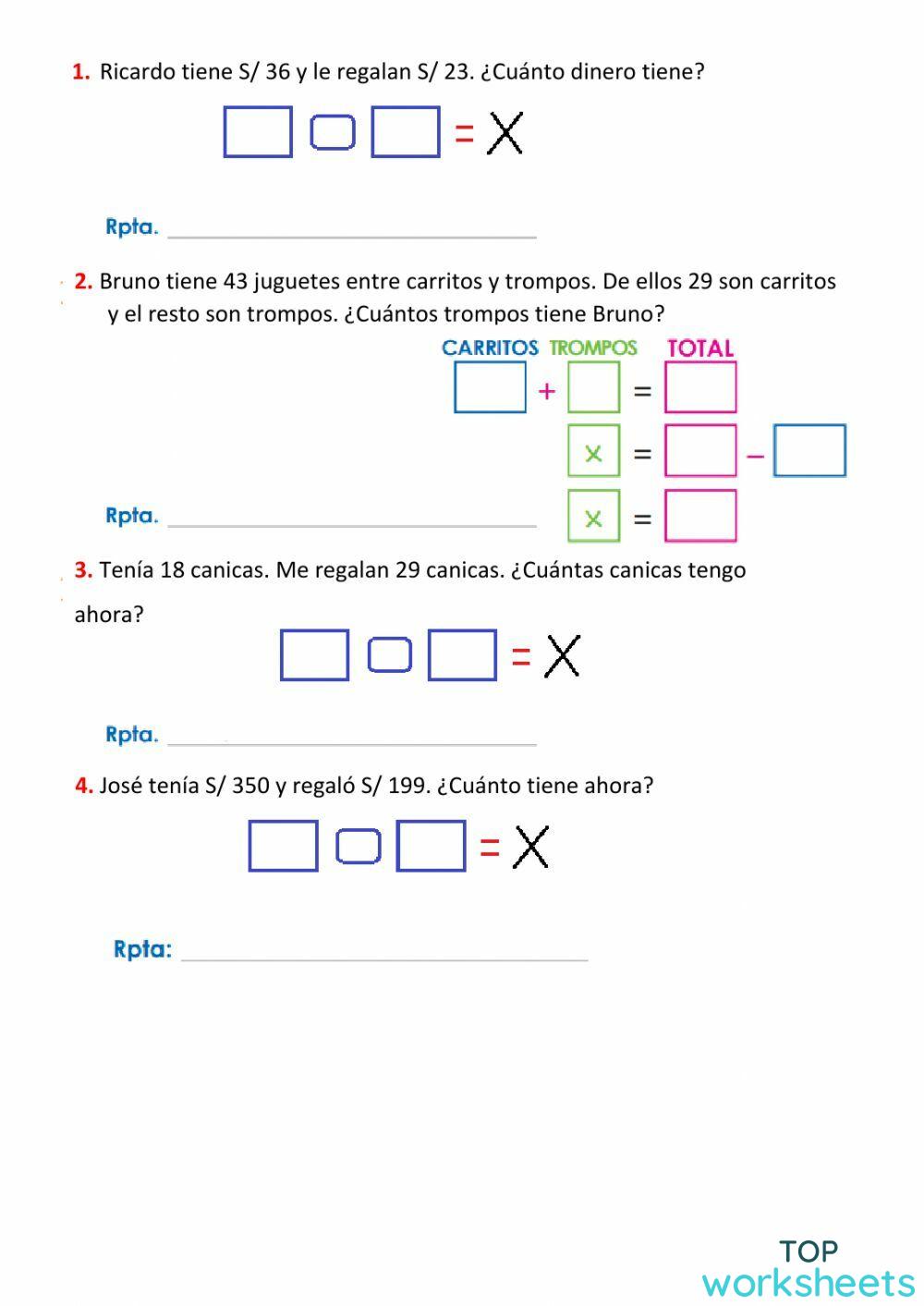 Problemas Aditivos de Sumas y Restas. Ficha interactiva | TopWorksheets