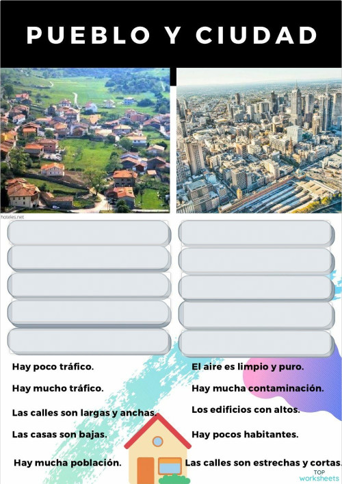 Diferencia entre pueblo y ciudad. Ficha interactiva | TopWorksheets