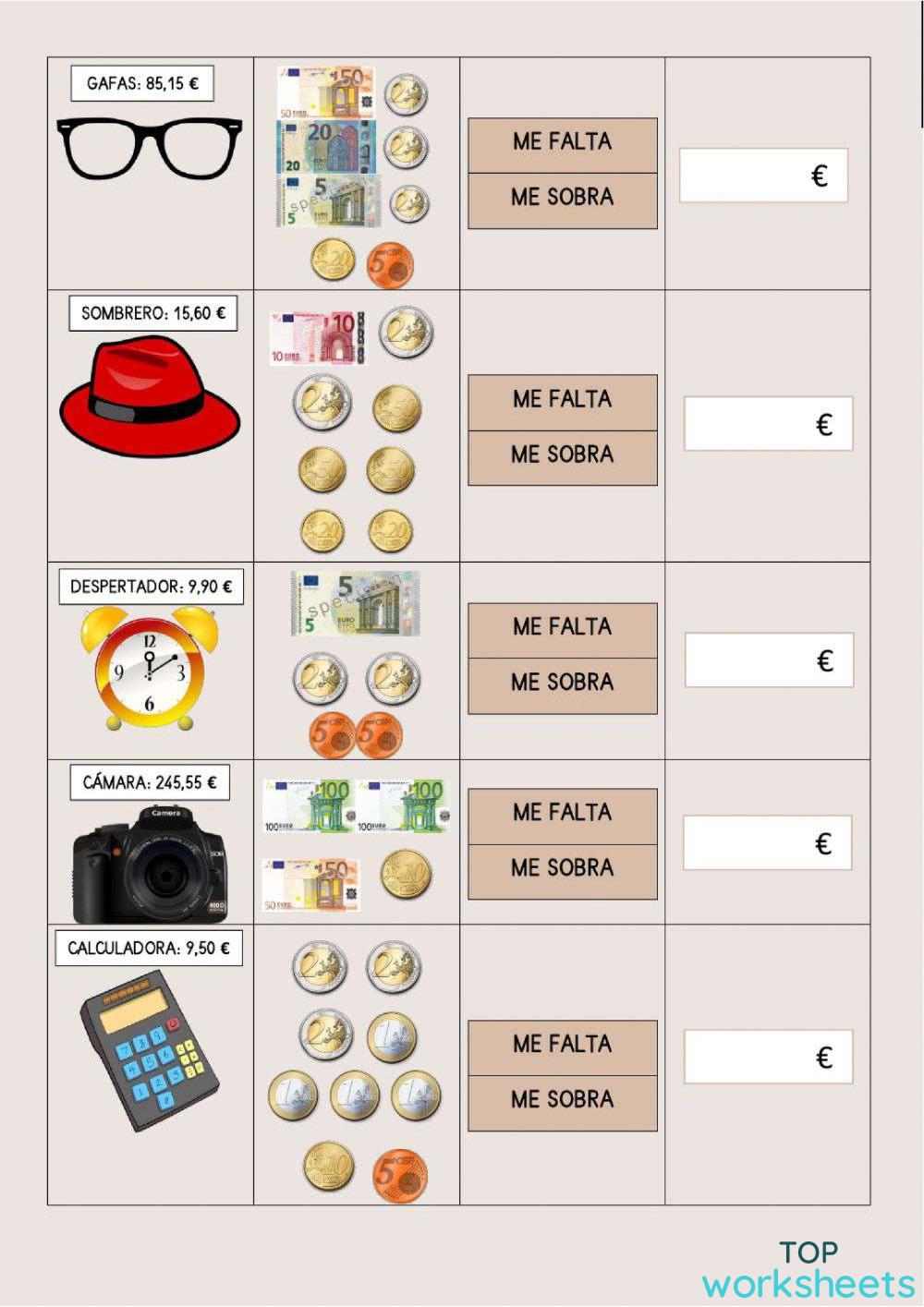 Sumas y restas con dinero. Ficha interactiva | TopWorksheets